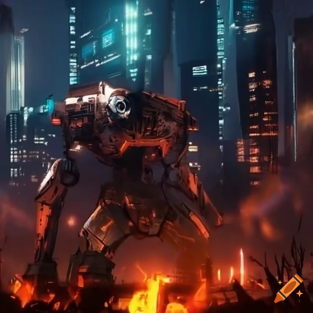 Giant fiery-colored mech in a futuristic city