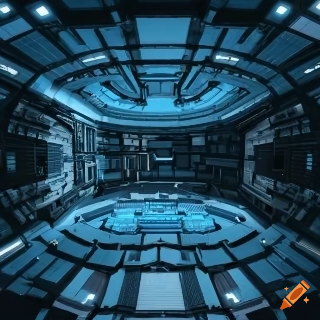 Detailed isometric view of a futuristic space station hangar on Craiyon