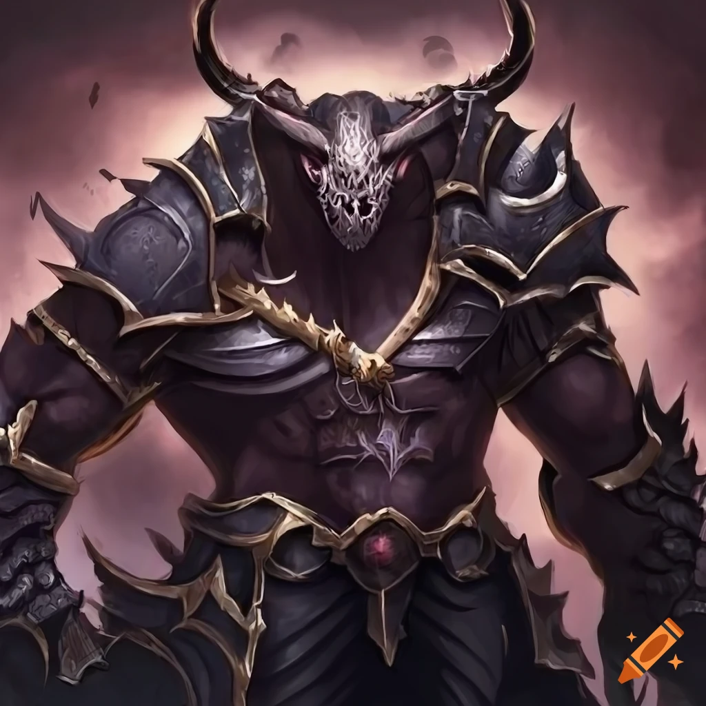 Illustration of grimthorn the deathlord, a fearsome minotaur on Craiyon