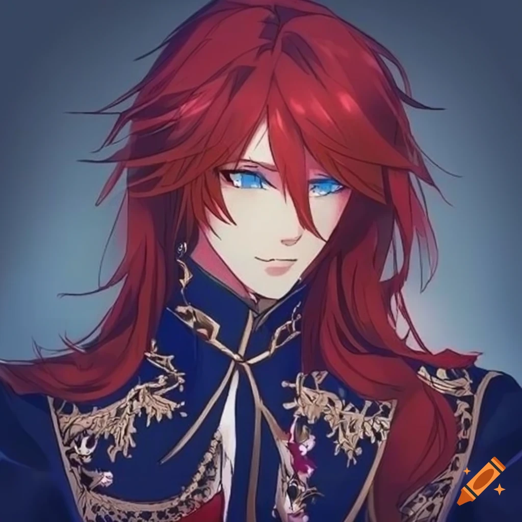 Anime prince with red hair and blue eyes surrounded by red roses on Craiyon