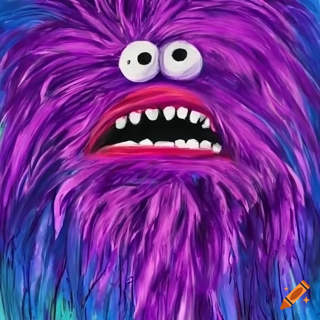 Purple Muppet named Eek painting in an art studio on Craiyon