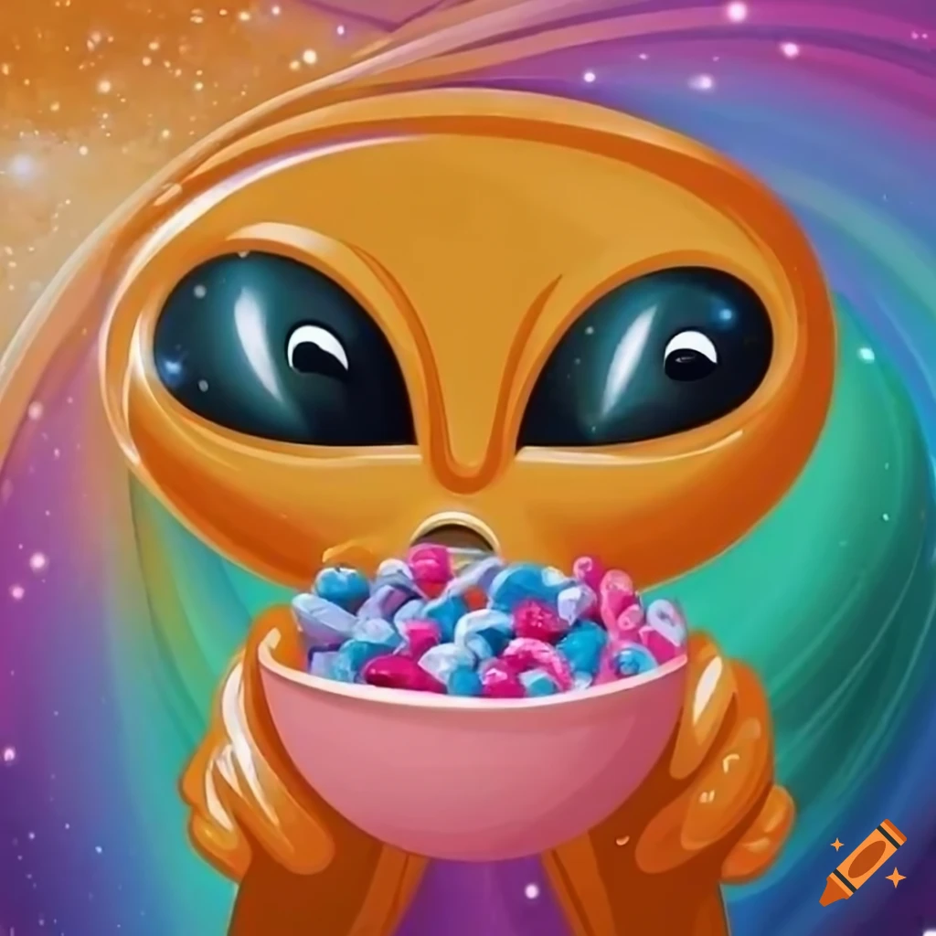 Kelloggs cartoon alien holding a bowl of colorful cereal on Craiyon