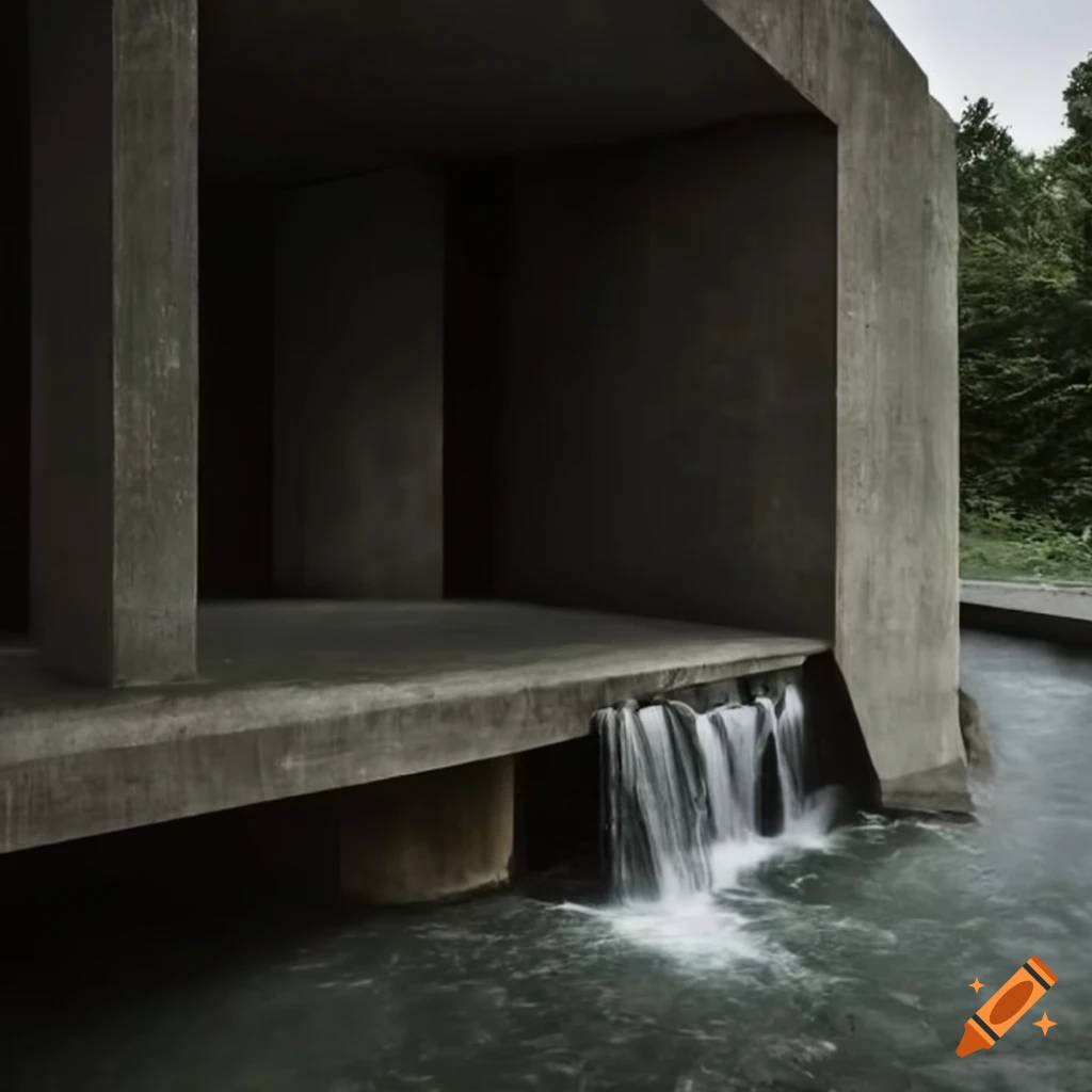 Brutalist house near a waterfall on Craiyon