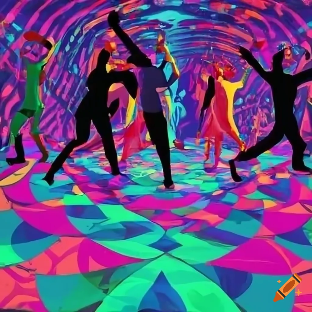 Psychedelic rock dancefloor with people having fun on Craiyon