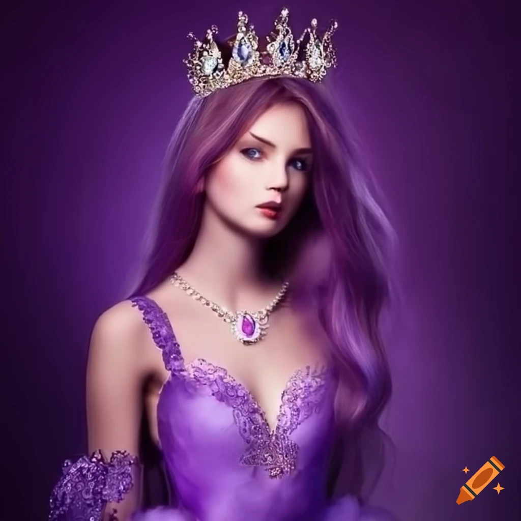 Purple princess girl in a beautiful dress with crown and jewels on Craiyon