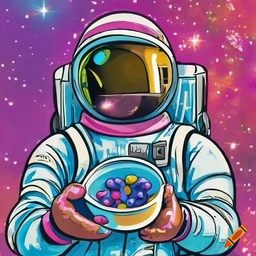 Cartoon astronaut holding a bowl of cereal on Craiyon