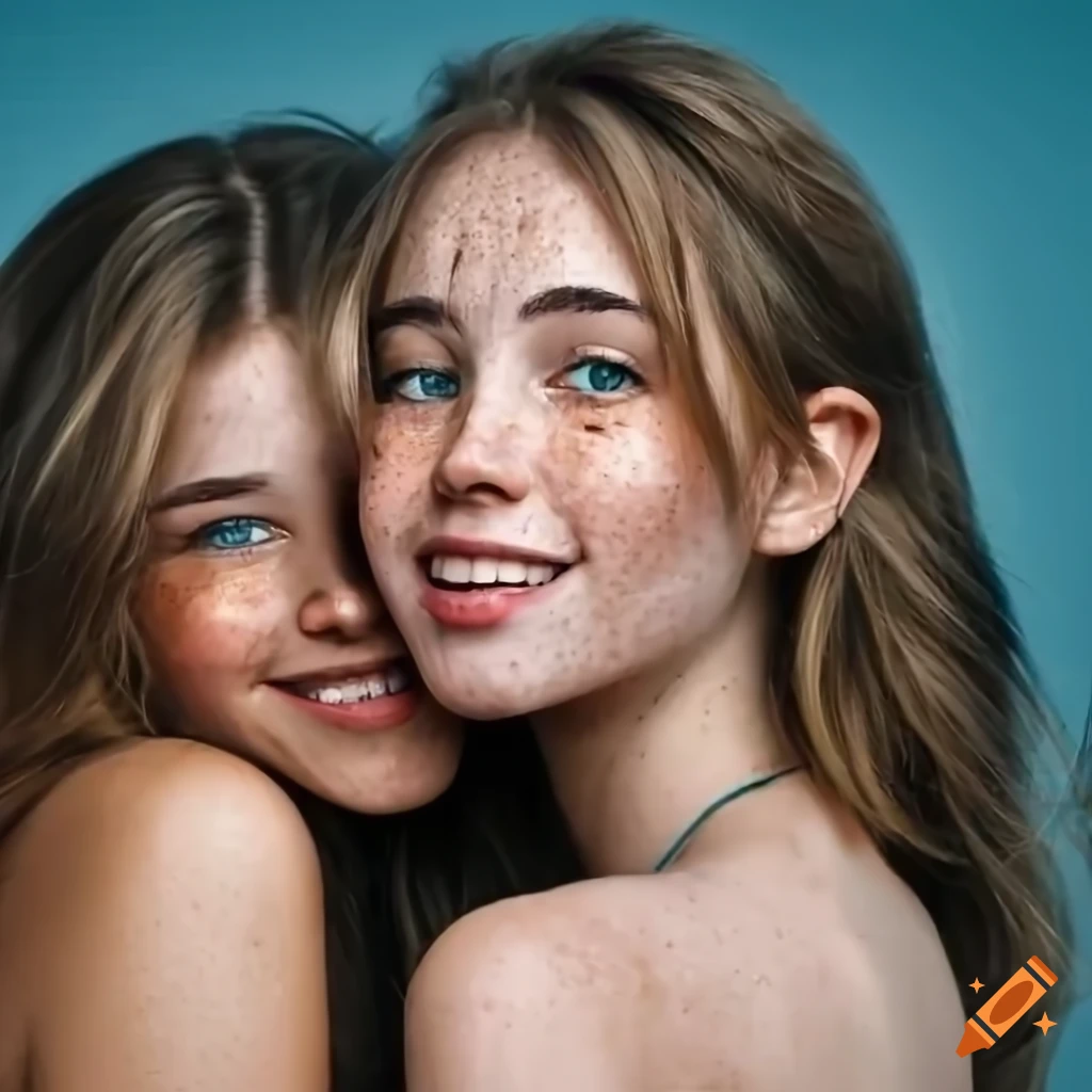 Portrait of two young women with delicate smiles and freckles on Craiyon