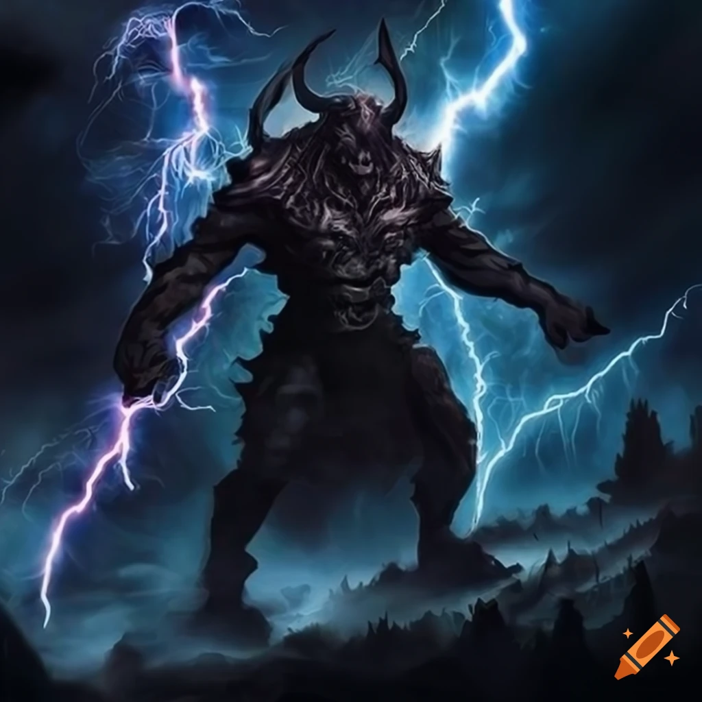 Art of a demon surrounded by lightning bolts and dark terrain on Craiyon
