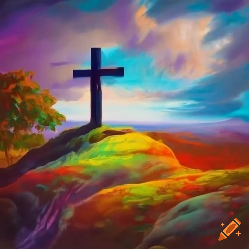 Colorful landscape with a cross in the corner on Craiyon