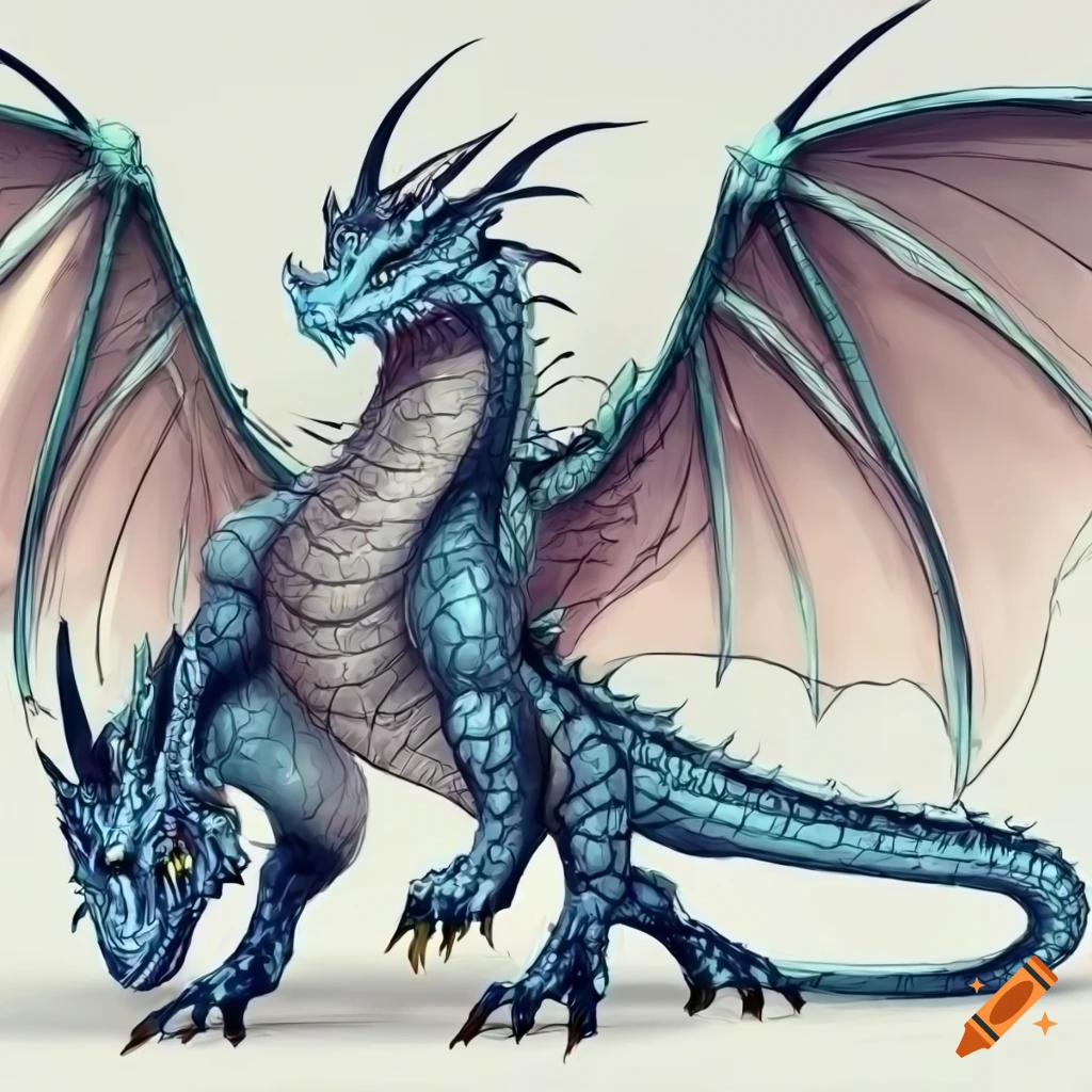 Detailed side view illustration of a dragon with wings on Craiyon