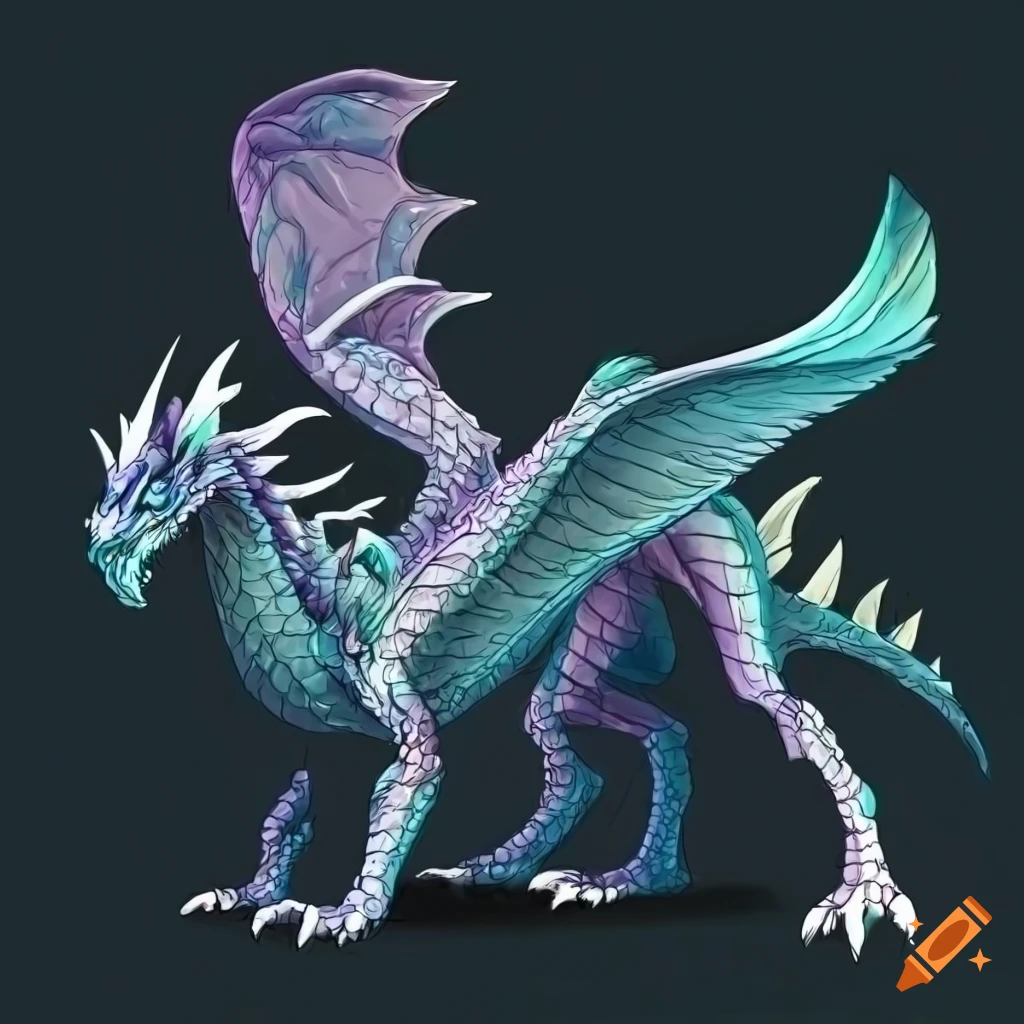 Detailed side view illustration of a dragon with wings and four legs on ...