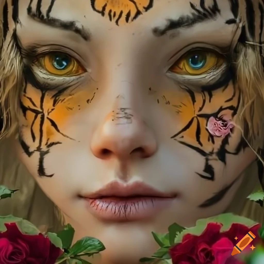 Fantasy artwork of a tiger girl with glowing eyes in a forest on Craiyon