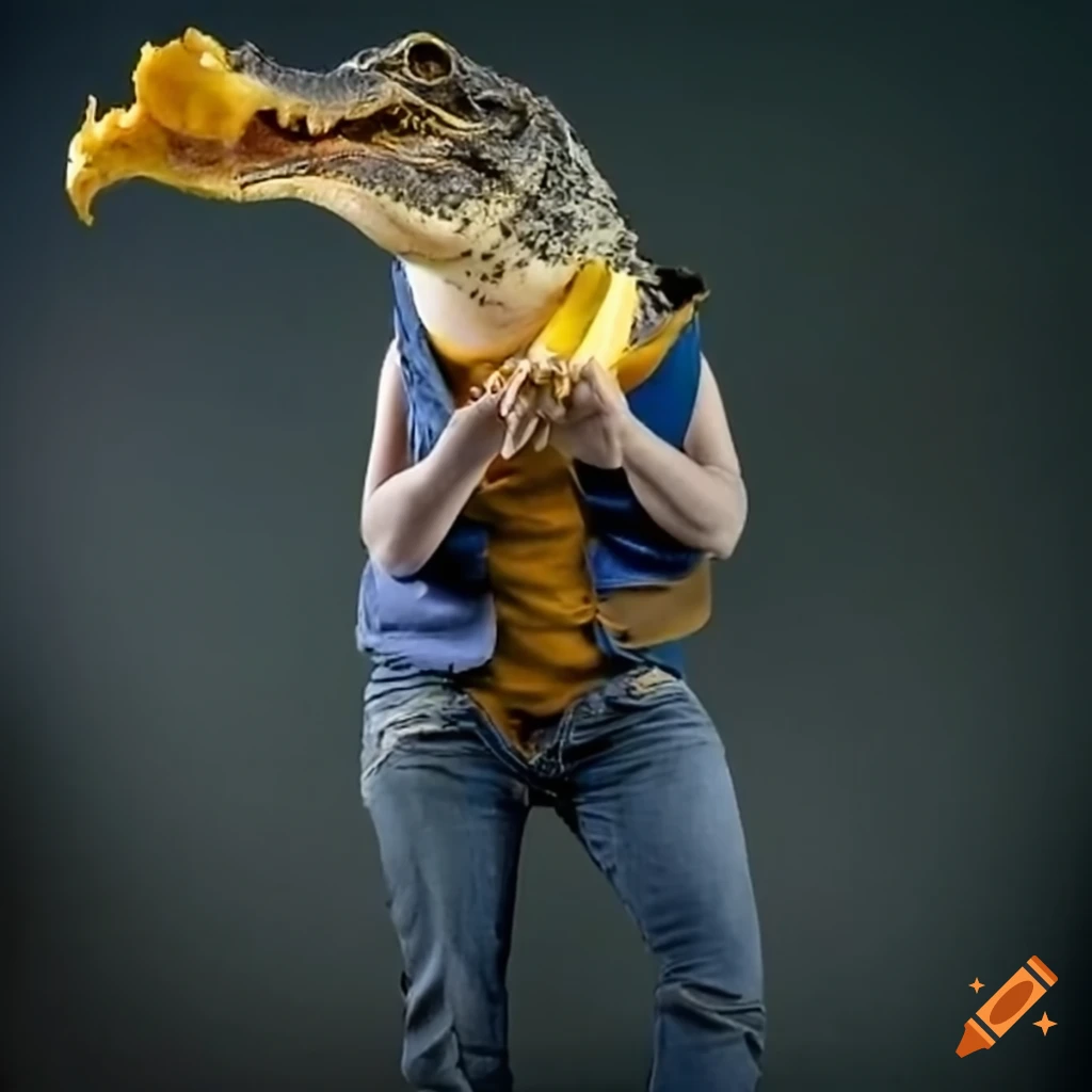 Funny alligator wearing vest and jeans eating a banana on Craiyon