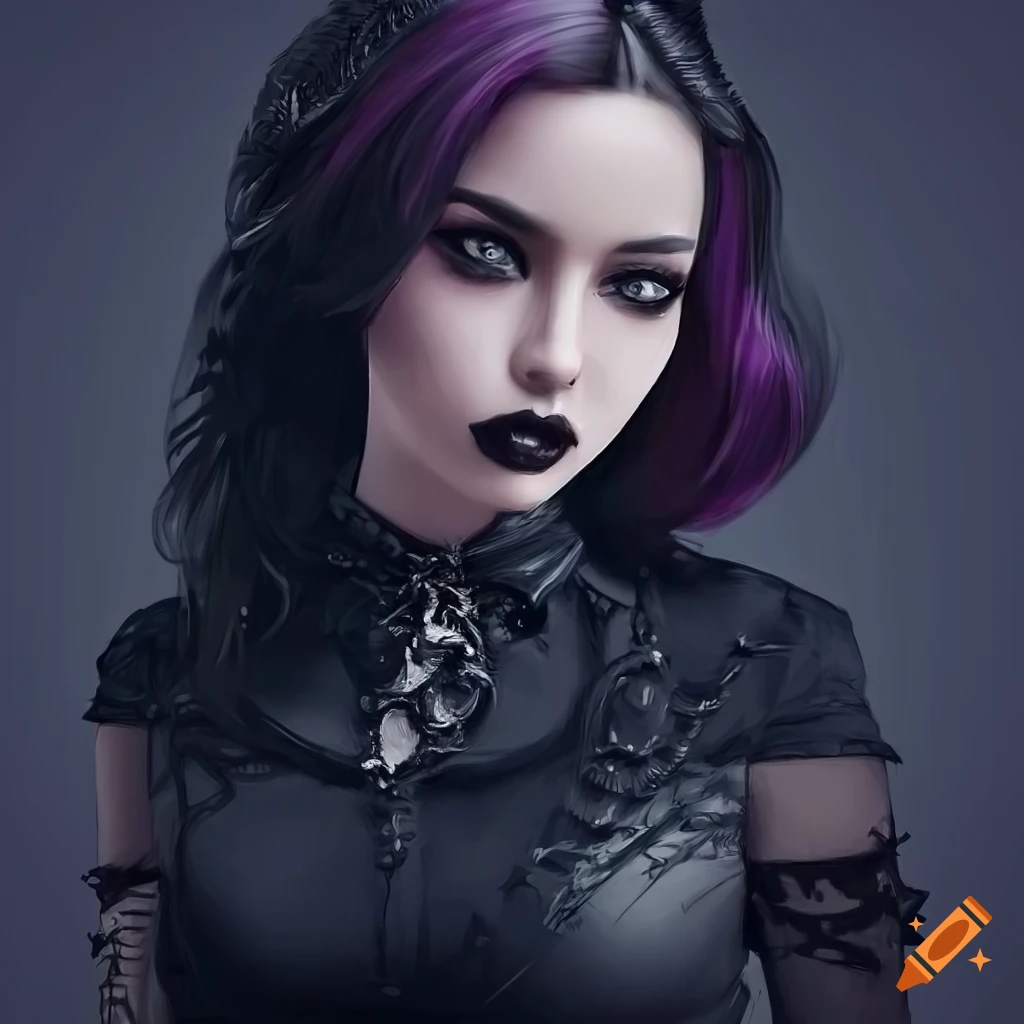 Photo realistic portrait of a young woman with black hair and gothic style on Craiyon