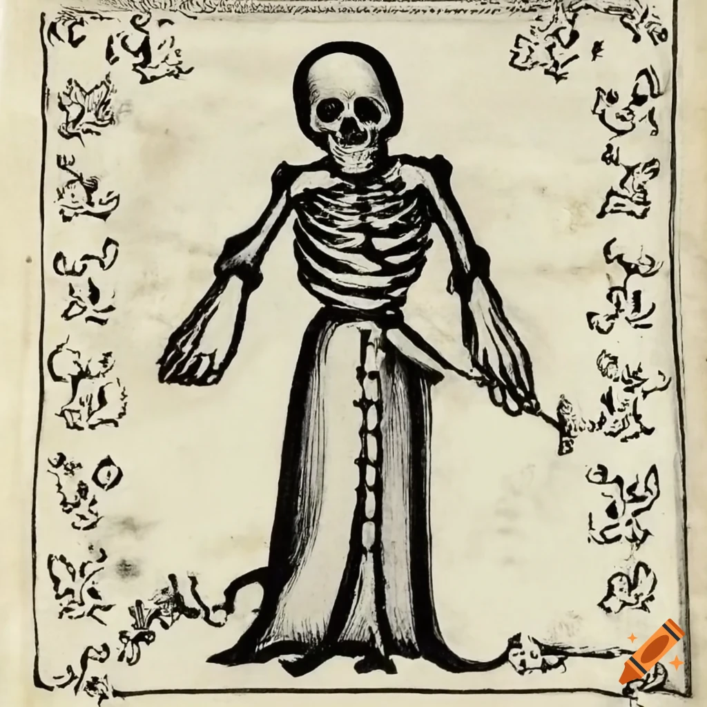 Black and white medieval drawing of a skeleton in black robes on Craiyon
