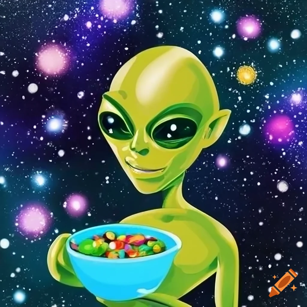Cartoon alien holding a bowl of colorful cereal in a galaxy backdrop on ...