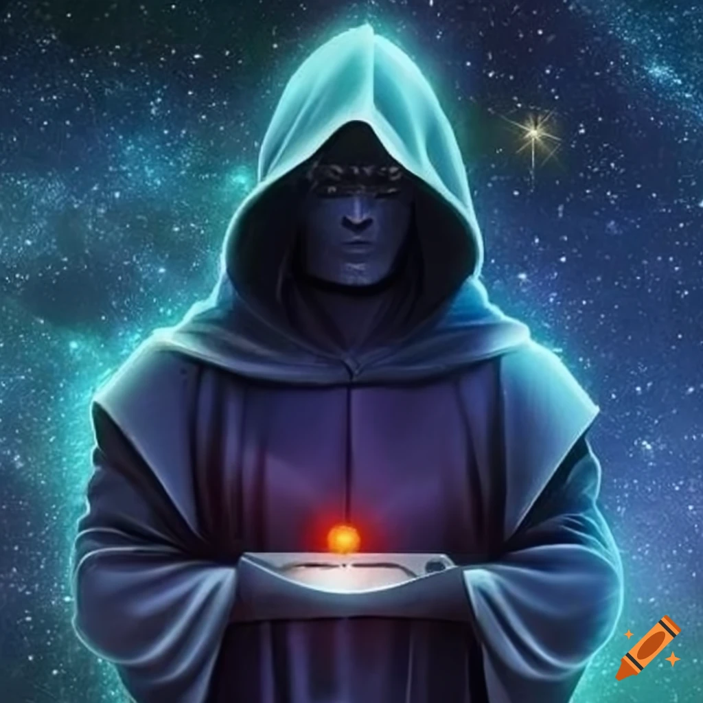 Image of a levitating hooded figure in a starry backdrop on Craiyon