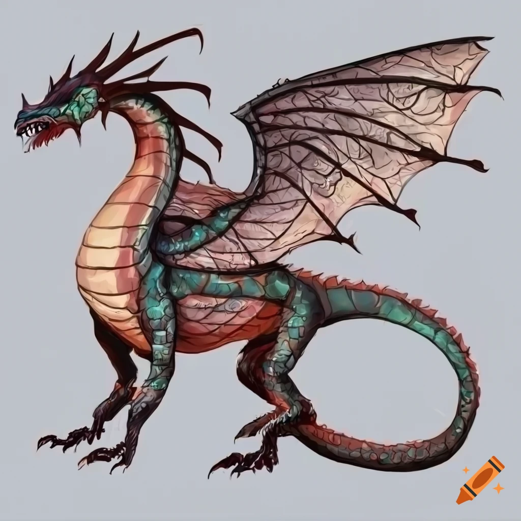 Detailed side view of a dragon with wings and four legs on Craiyon