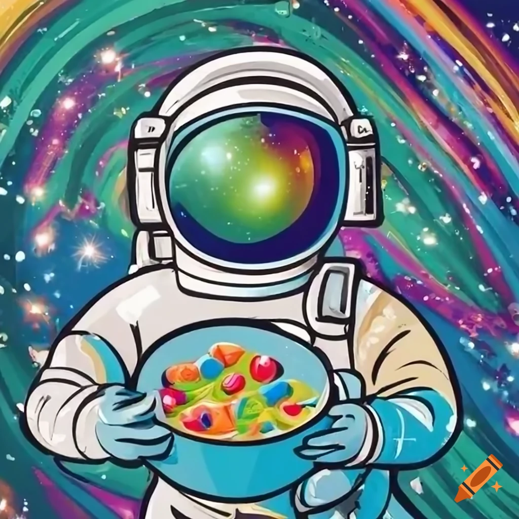 Cartoon astronaut holding a bowl of colorful cereal on Craiyon