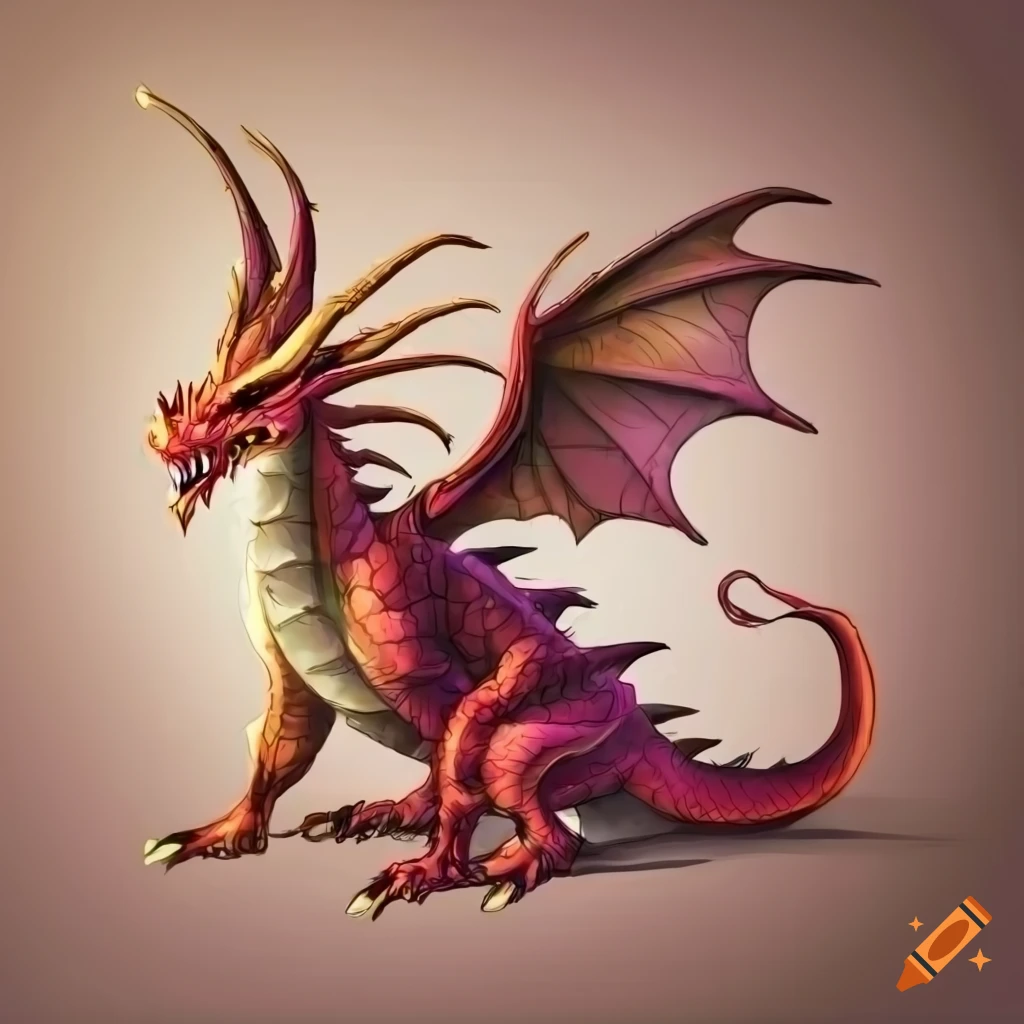 Side view detailed illustration of a dragon with wings and four legs on ...