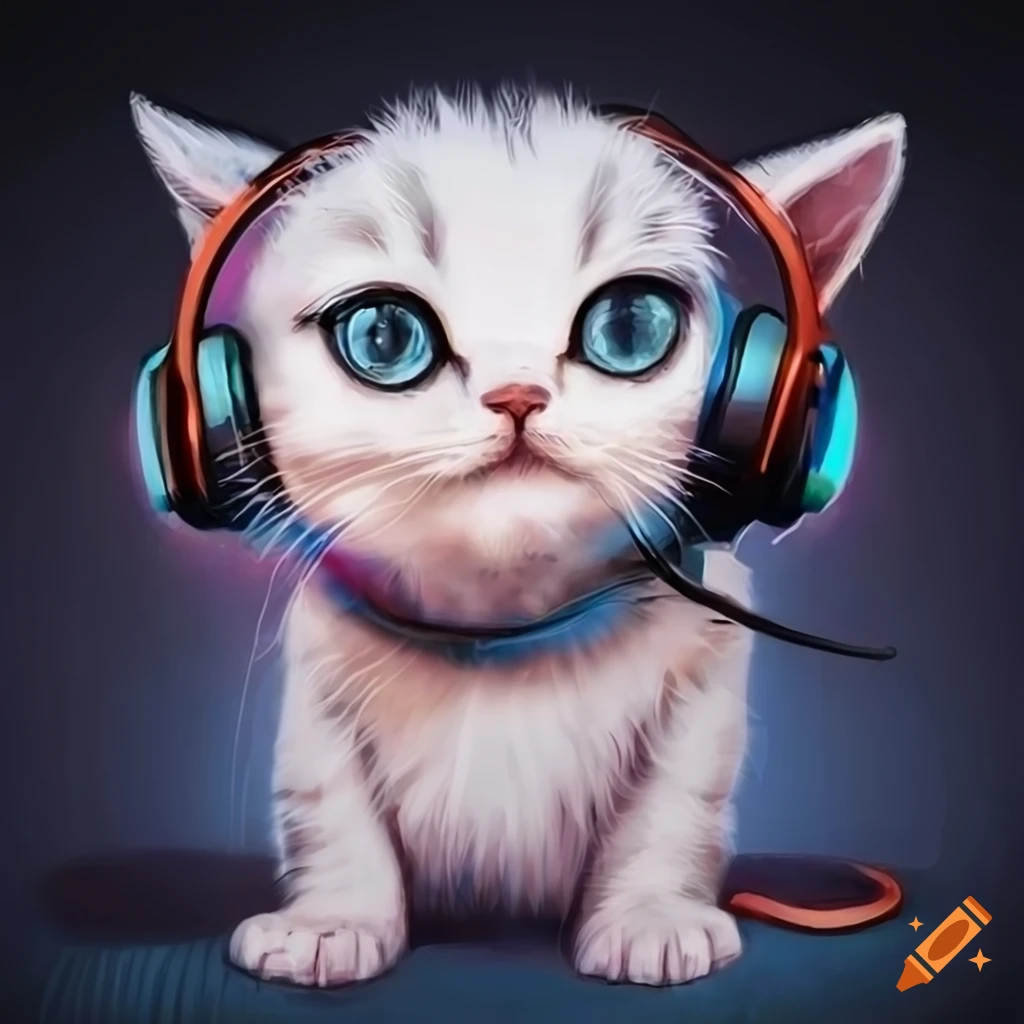 Artwork of a white kitten wearing a gaming headset on Craiyon