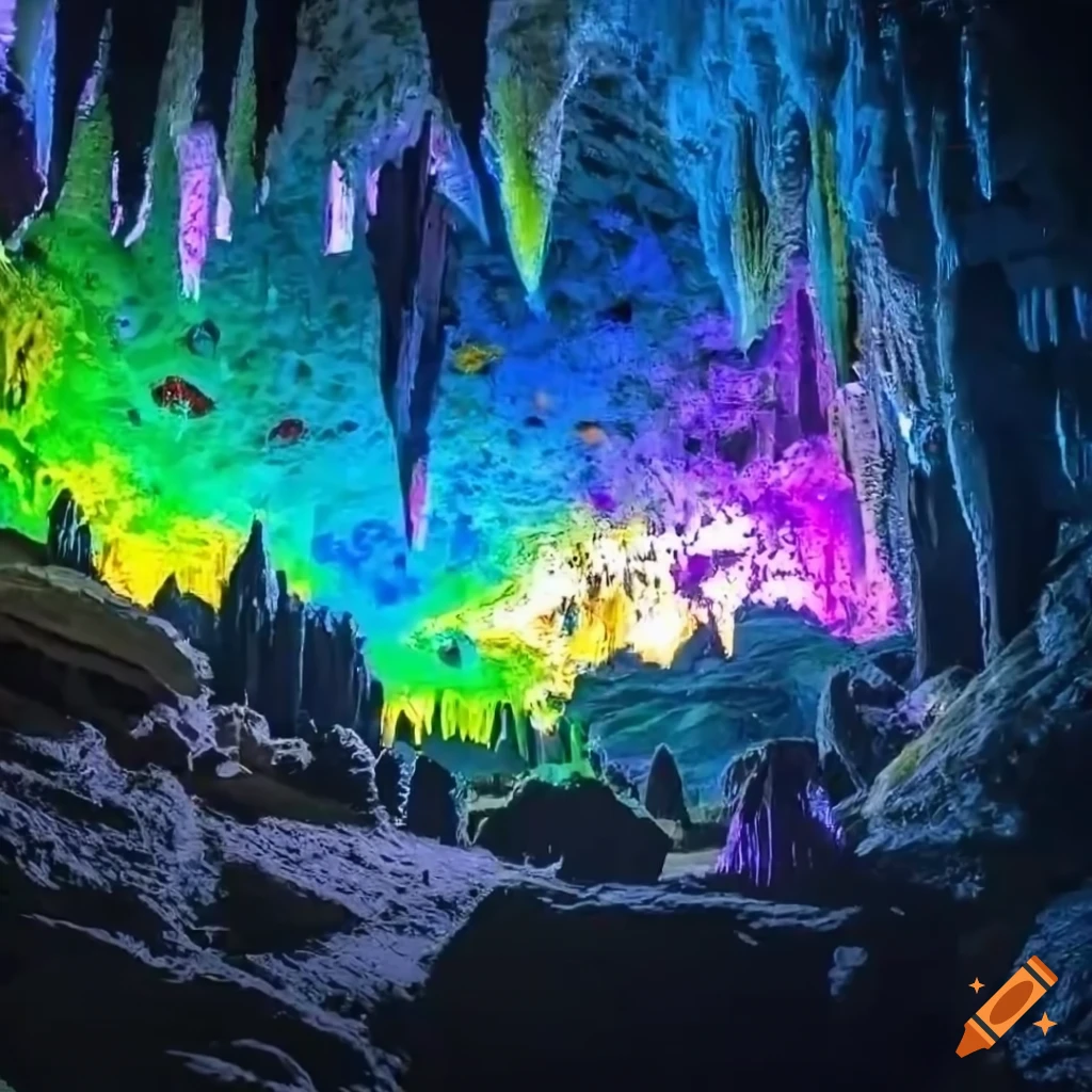 Colorful cave with crystal stalactites and stalagmites on Craiyon