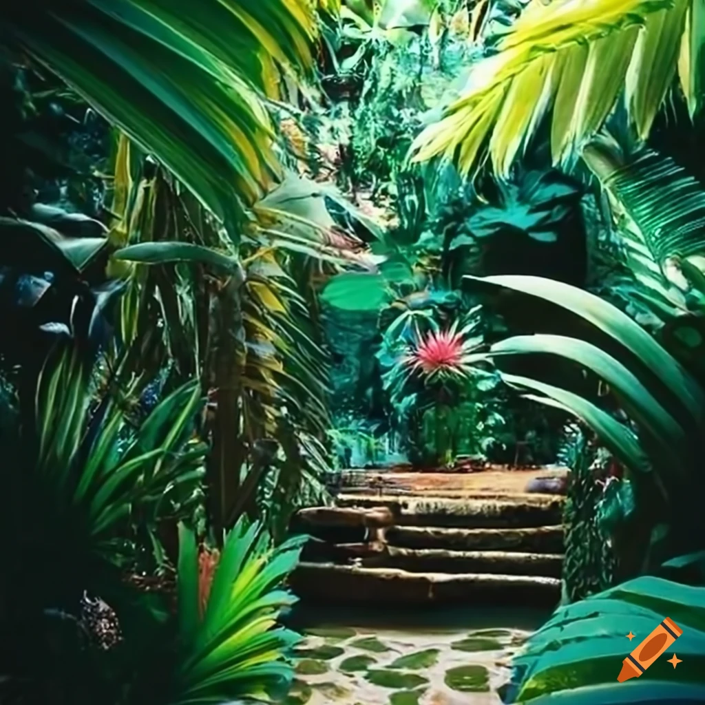 Tropical garden with lush vegetation on Craiyon