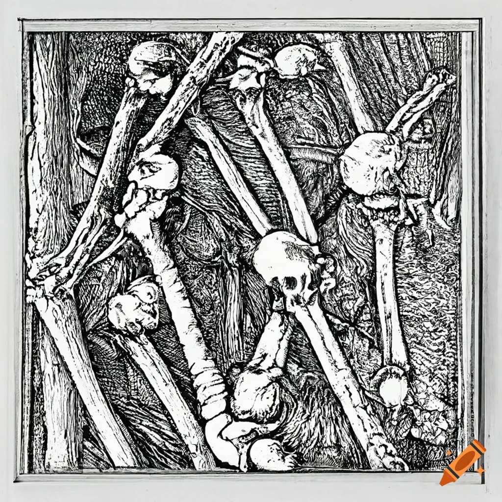 Detailed etching of bones on a wooden window cover on Craiyon