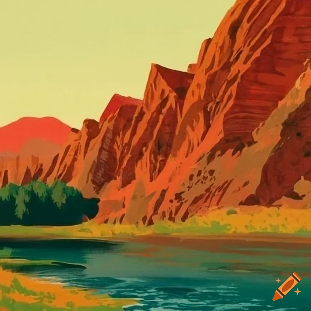 Wpa-style vintage poster of redstone colorado and crystal river on Craiyon