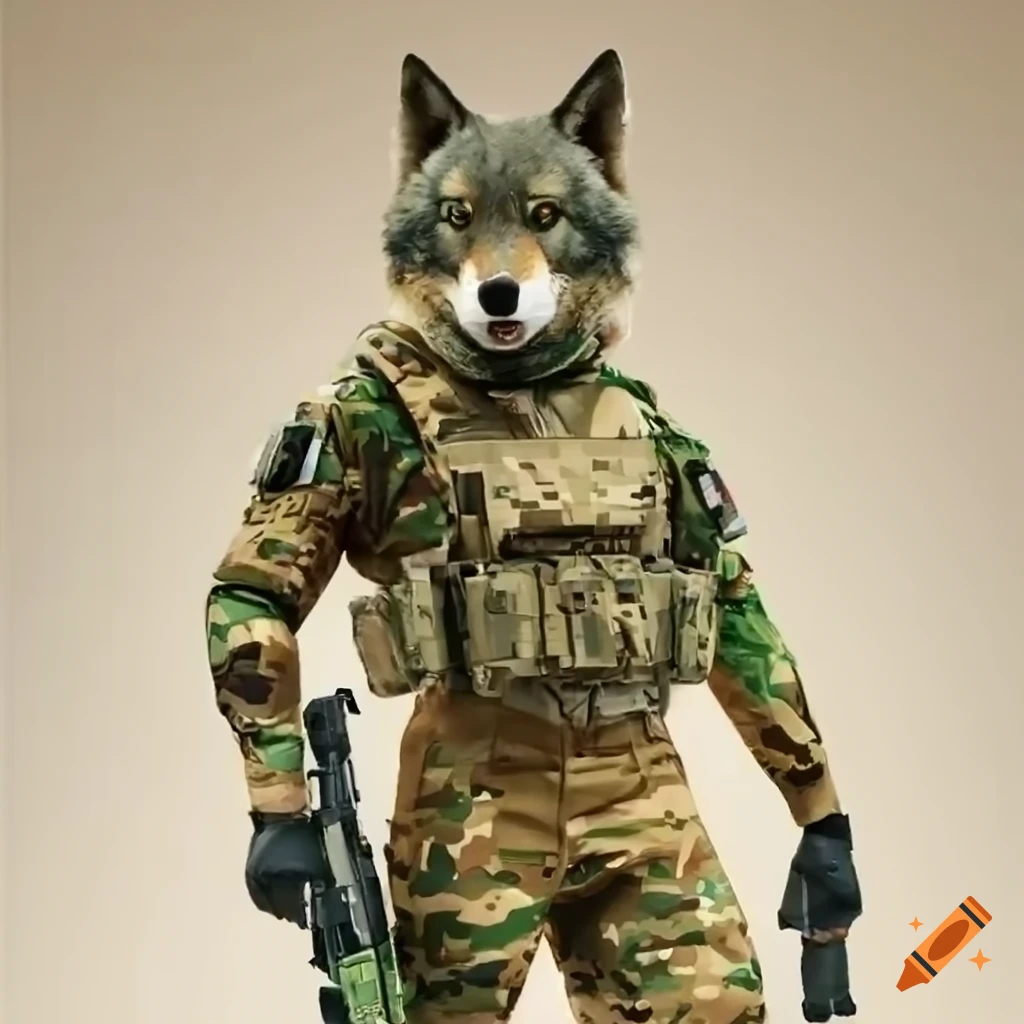 Wolf in tactical military camouflage uniform on Craiyon