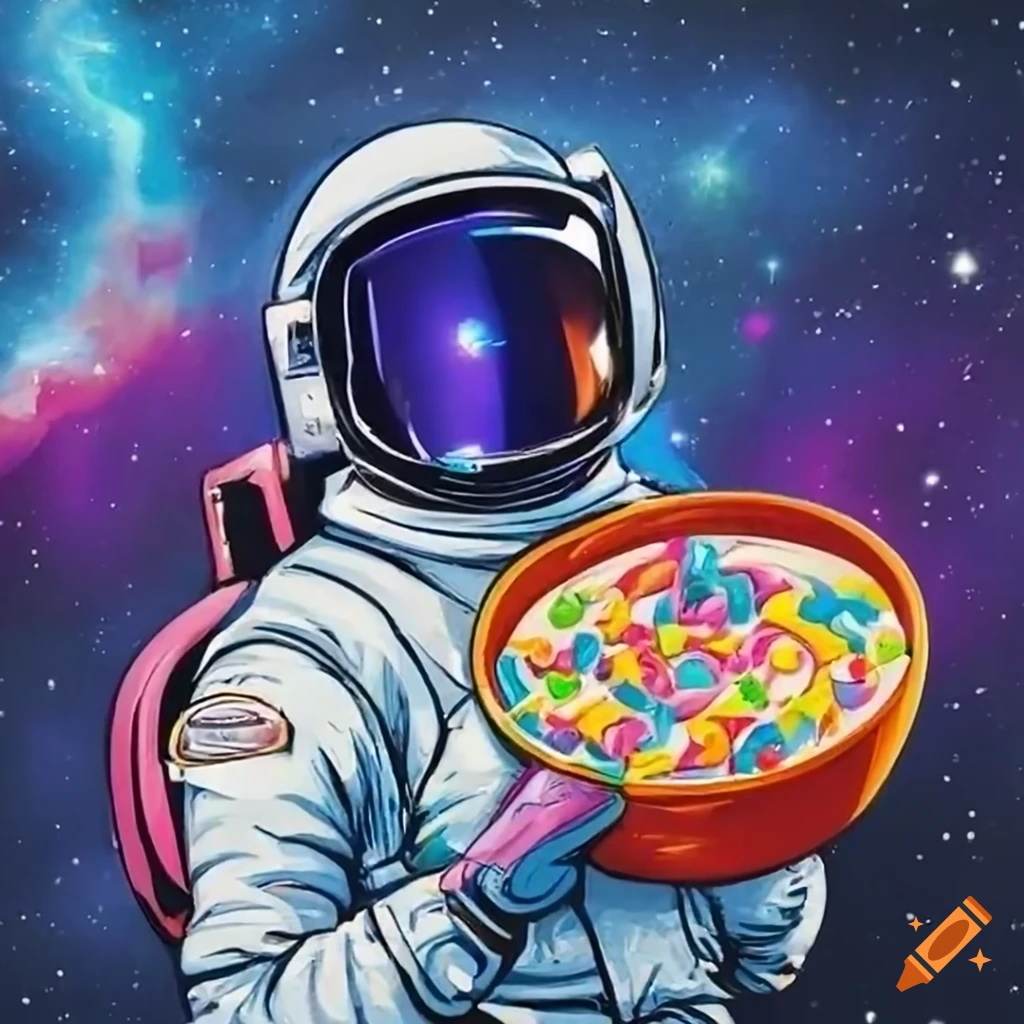 Cartoon astronaut holding a bowl of cereal on Craiyon
