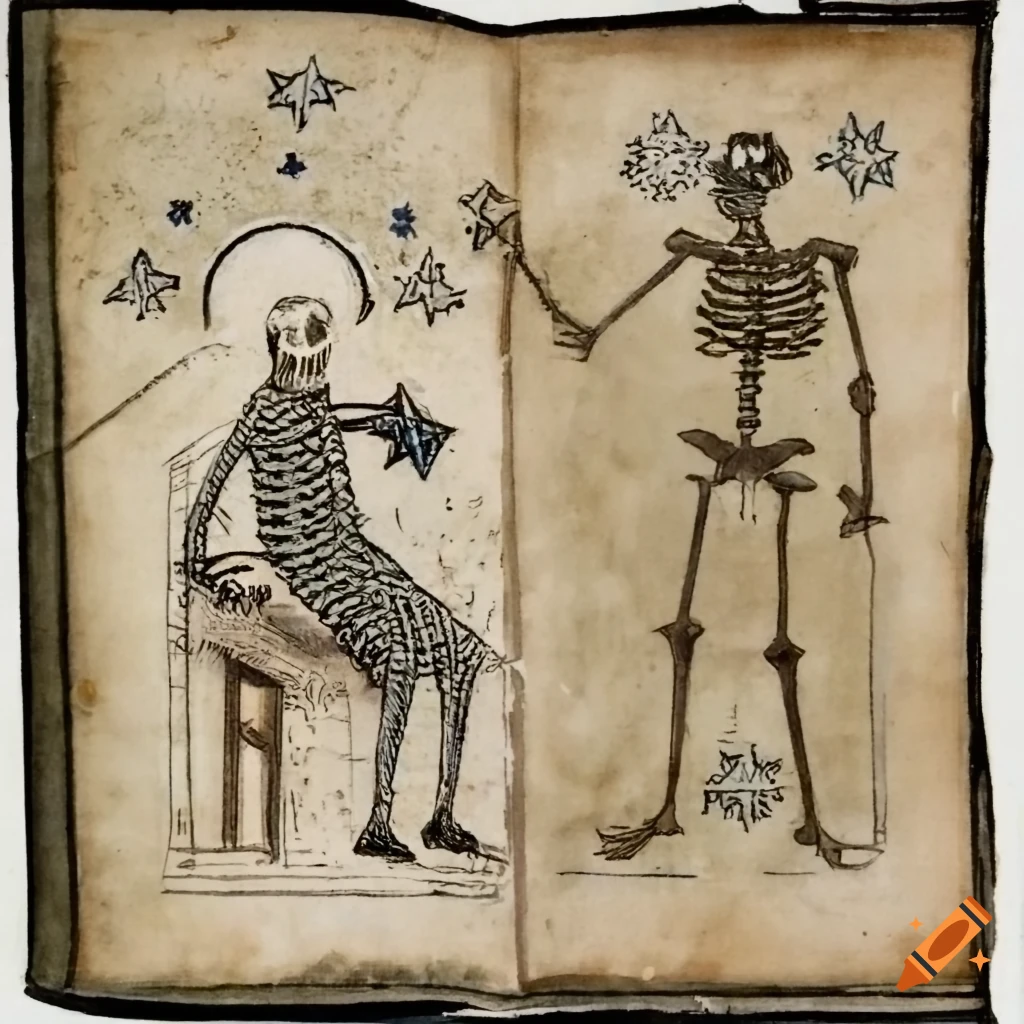 Medieval manuscript drawing of a priest and a skeleton under a starry ...