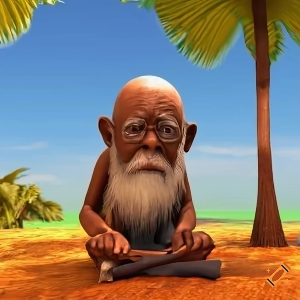 CGI depiction of a wise African man in a tropical village on Craiyon