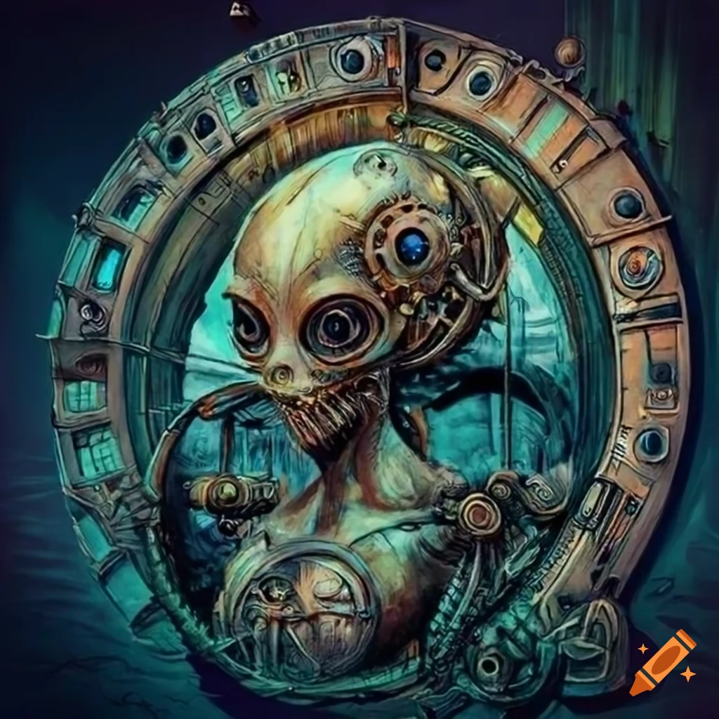 Steampunk artwork of an alien and ufo on Craiyon