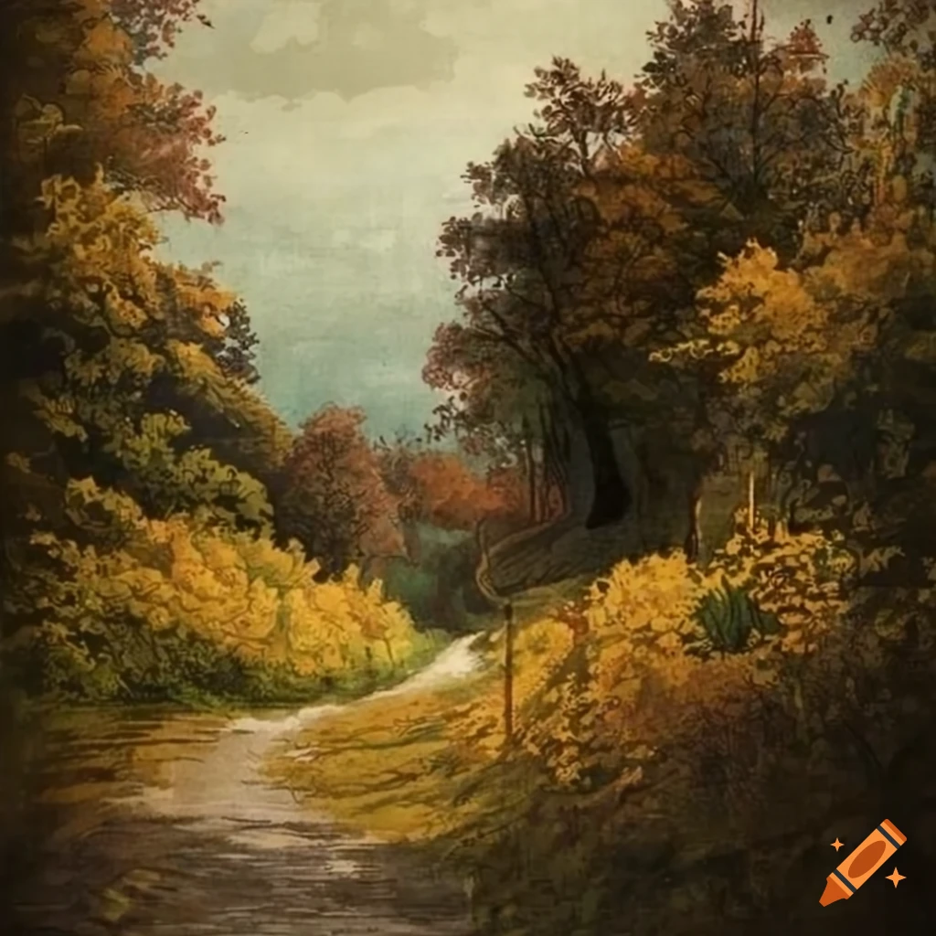 Detailed vintage drawing of a countryside path on Craiyon