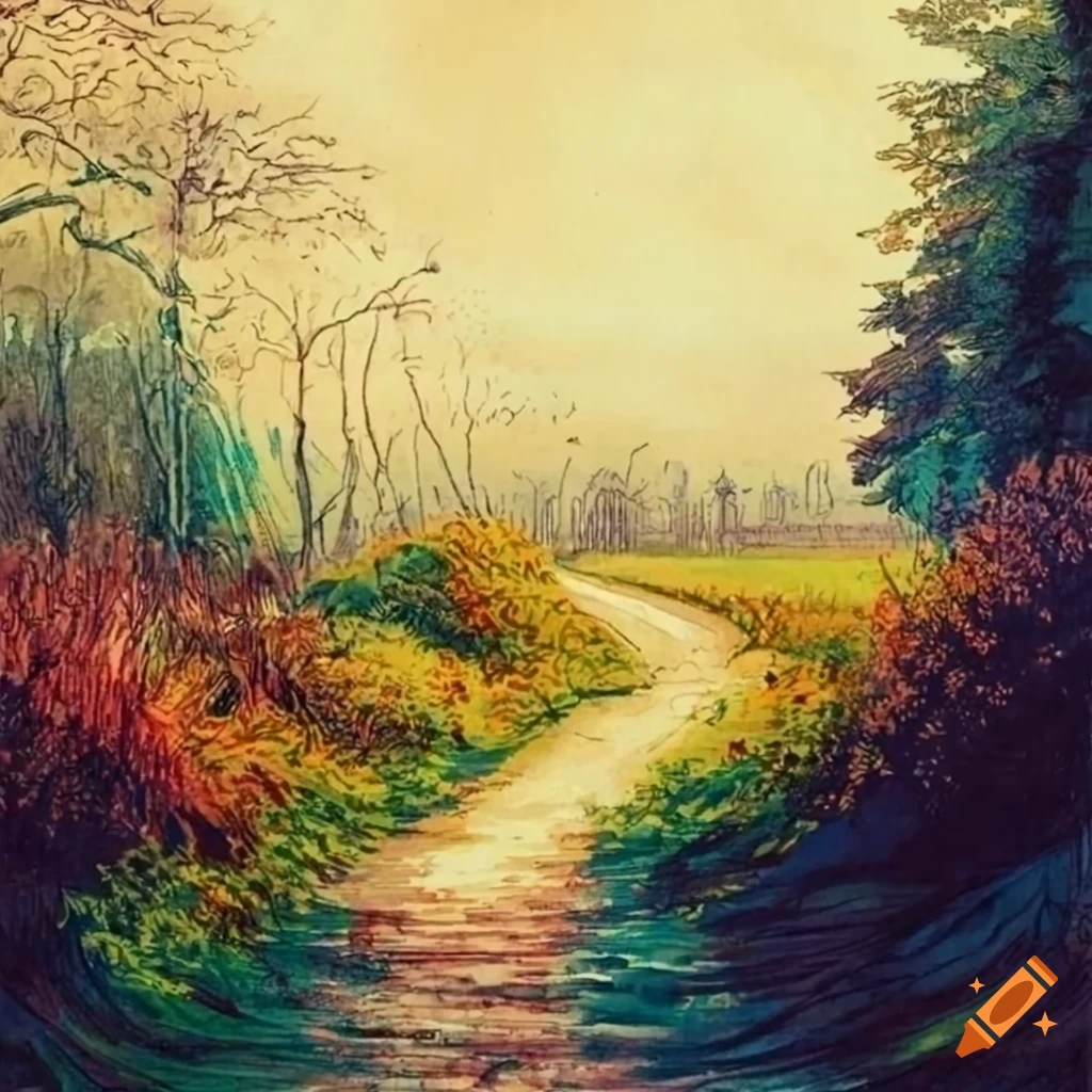 Colorful vintage illustration of a peaceful countryside path
