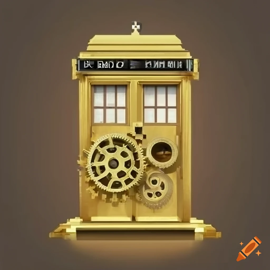 Steampunk gold tardis with gears on neutral background