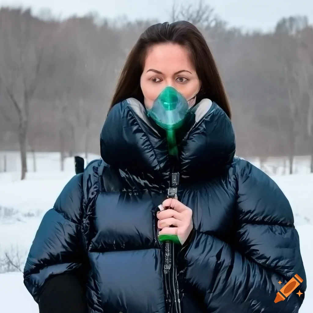 Woman wearing a shiny puffer jacket and using an oxygen mask on Craiyon