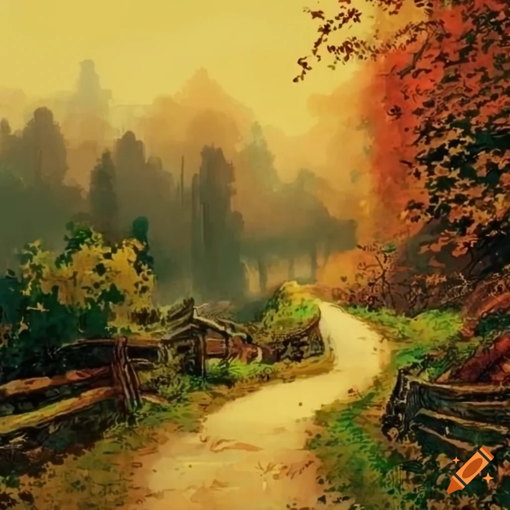 Colorful vintage illustration of a peaceful countryside path