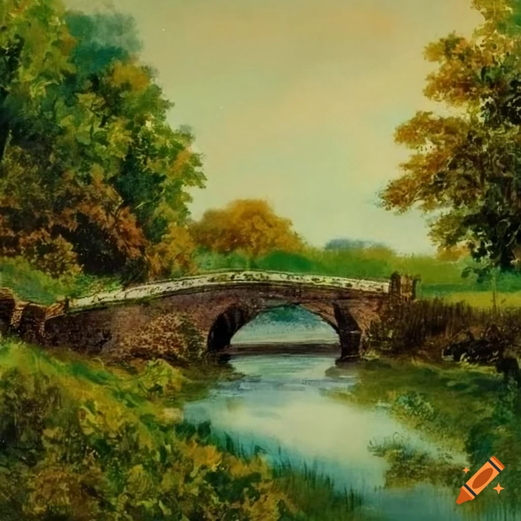 Vintage drawing of a peaceful countryside with a small bridge on Craiyon