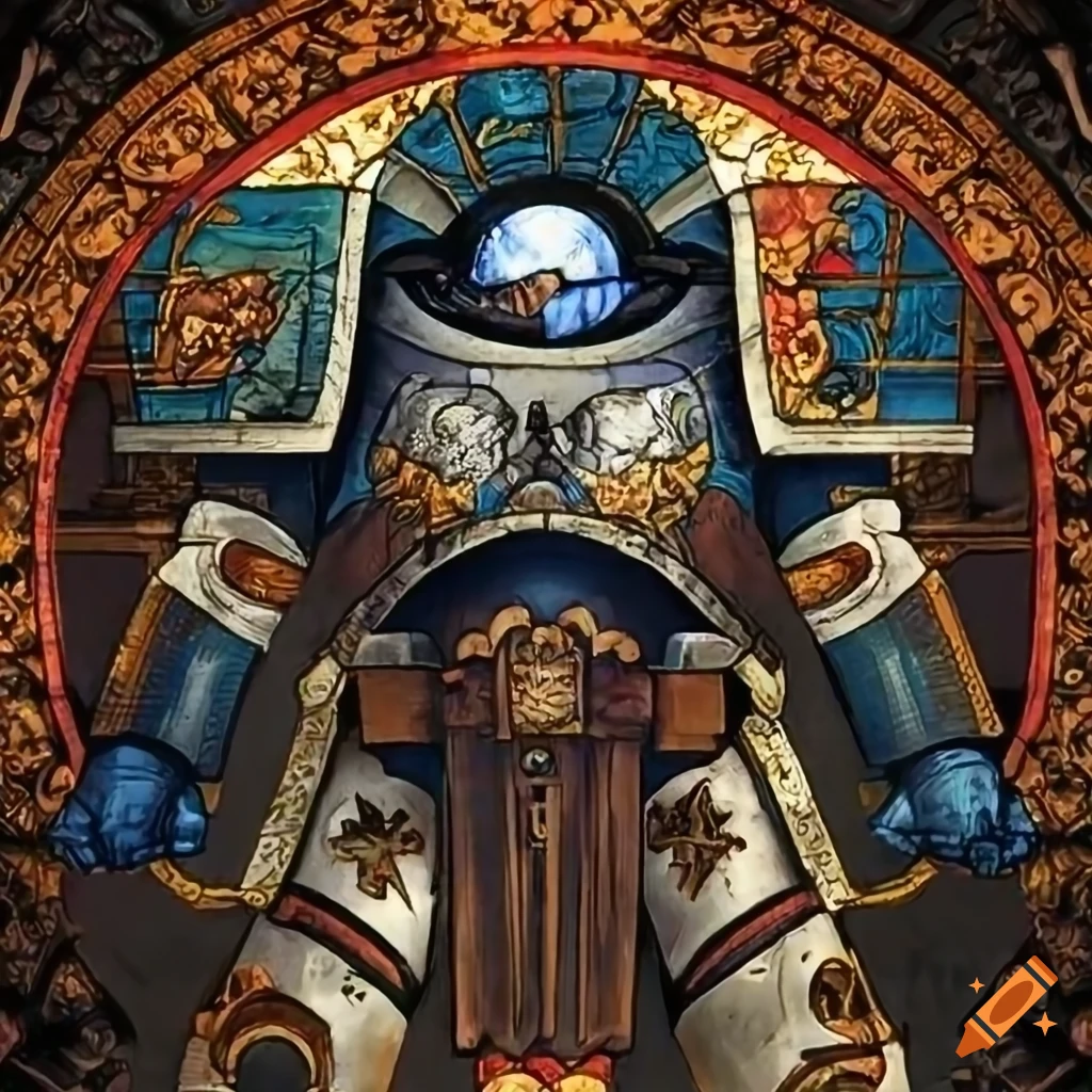 Stained glass style space marine artwork on Craiyon