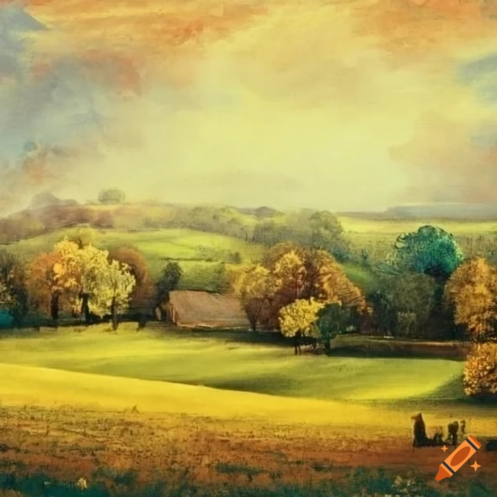 Detailed vintage drawing of a peaceful countryside field on Craiyon