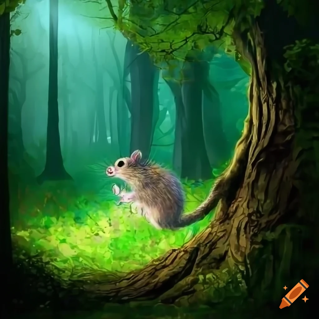 Digital art of a mouse in a magical forest on Craiyon