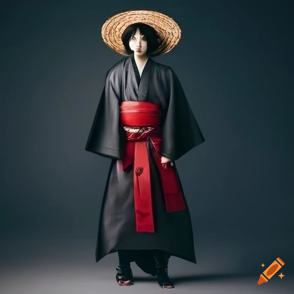 Hyperrealistic depiction of a samurai in a dark kimono and straw hat on ...