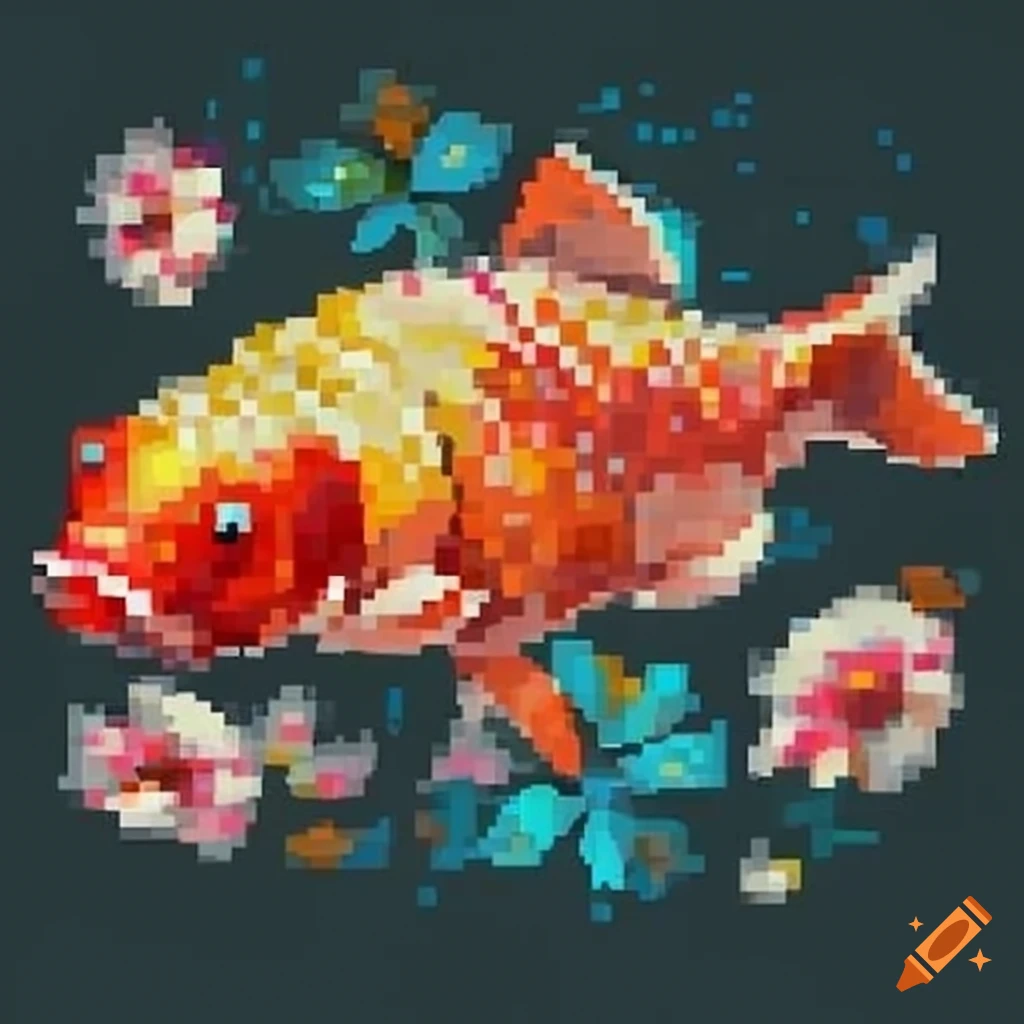 Pixel art of carp, butterflies, and flowers