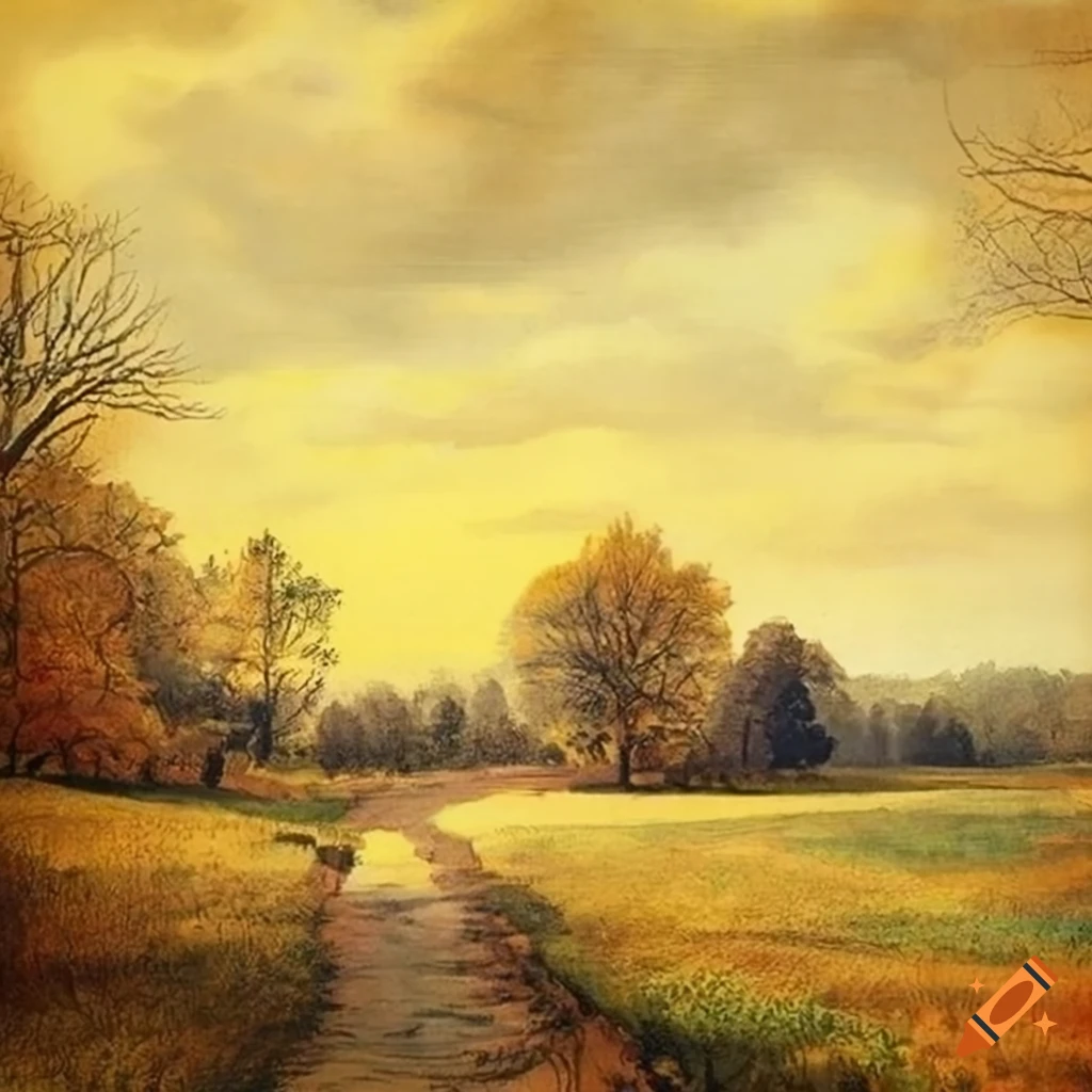 Detailed vintage drawing of a peaceful countryside