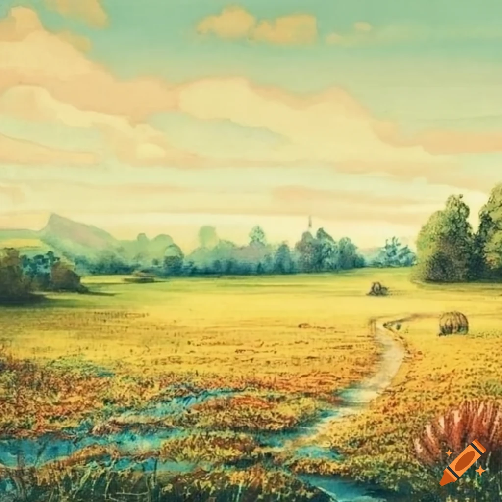 Detailed vintage drawing of a peaceful countryside field on Craiyon