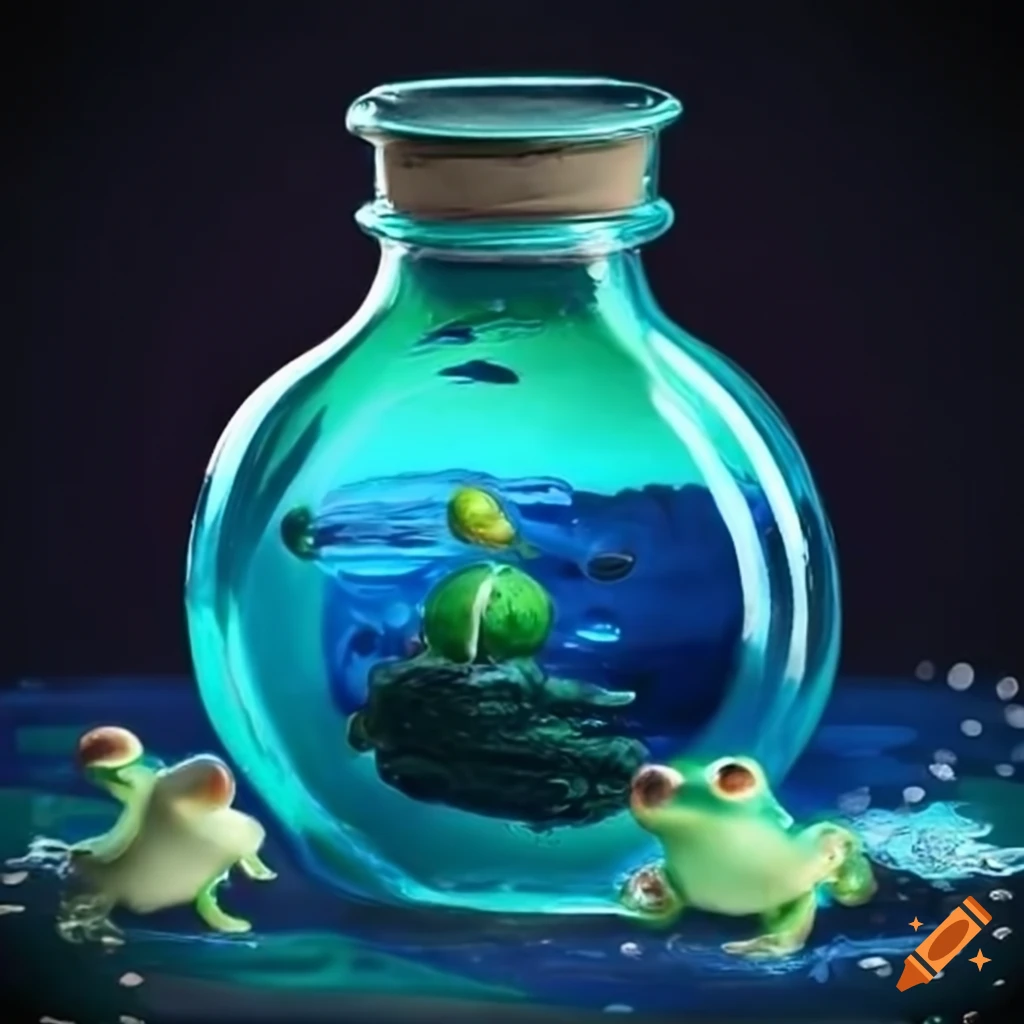 Fantasy artwork of a frog inside a potion bottle