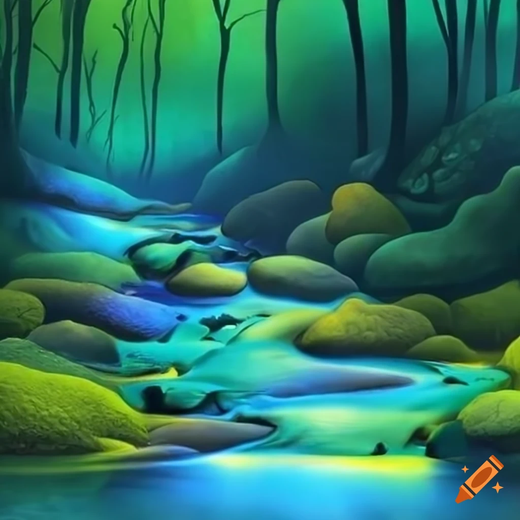 Colorful illustration of a babbling brook in a children's storybook on ...