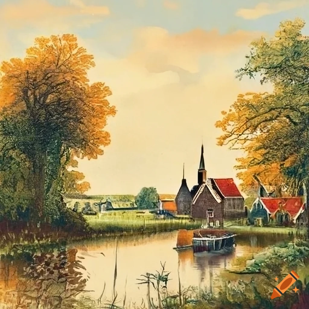 Vintage drawing of a peaceful dutch countryside